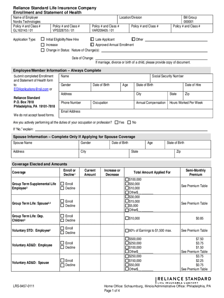 Fillable Online enrollment / change / waiver Group Insurance Form ...