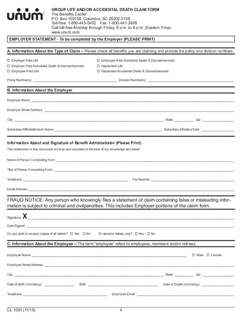 Fillable Online Group Life and/or Accidental Death Claim Form Fax Email ...