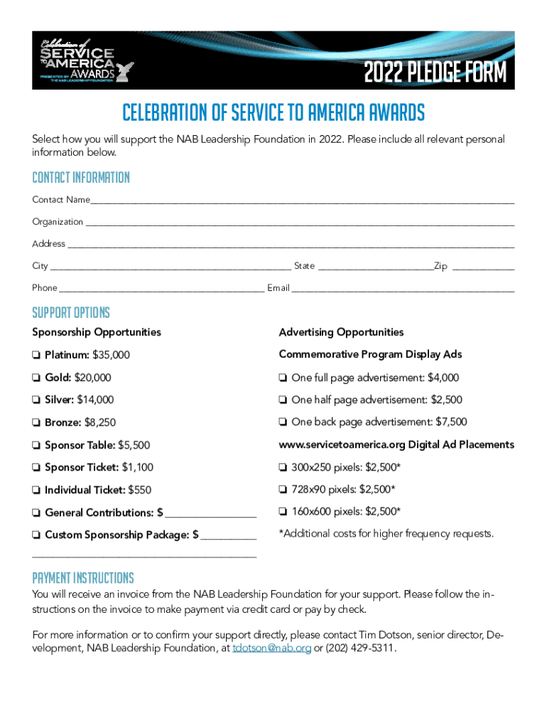 Fillable Online 2022 Pledge Form - Celebration of Service to America ...