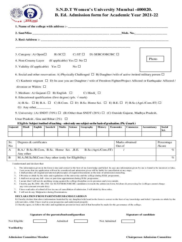 Fillable Online sndt ac Bachelor of Education (B.Ed.)SNDT Women's University Fax Email Print ...