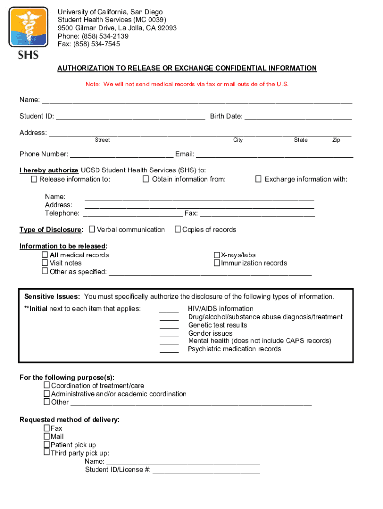 Fillable Online studenthealth ucsd Authorization for Release of Health Information Form ...