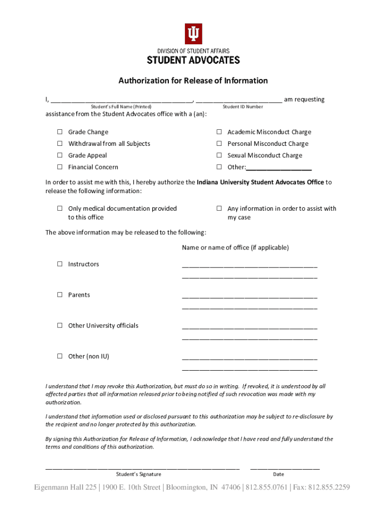 Fillable Online studentaffairs indiana Authorization to Release Student Information - MSU Texas ...