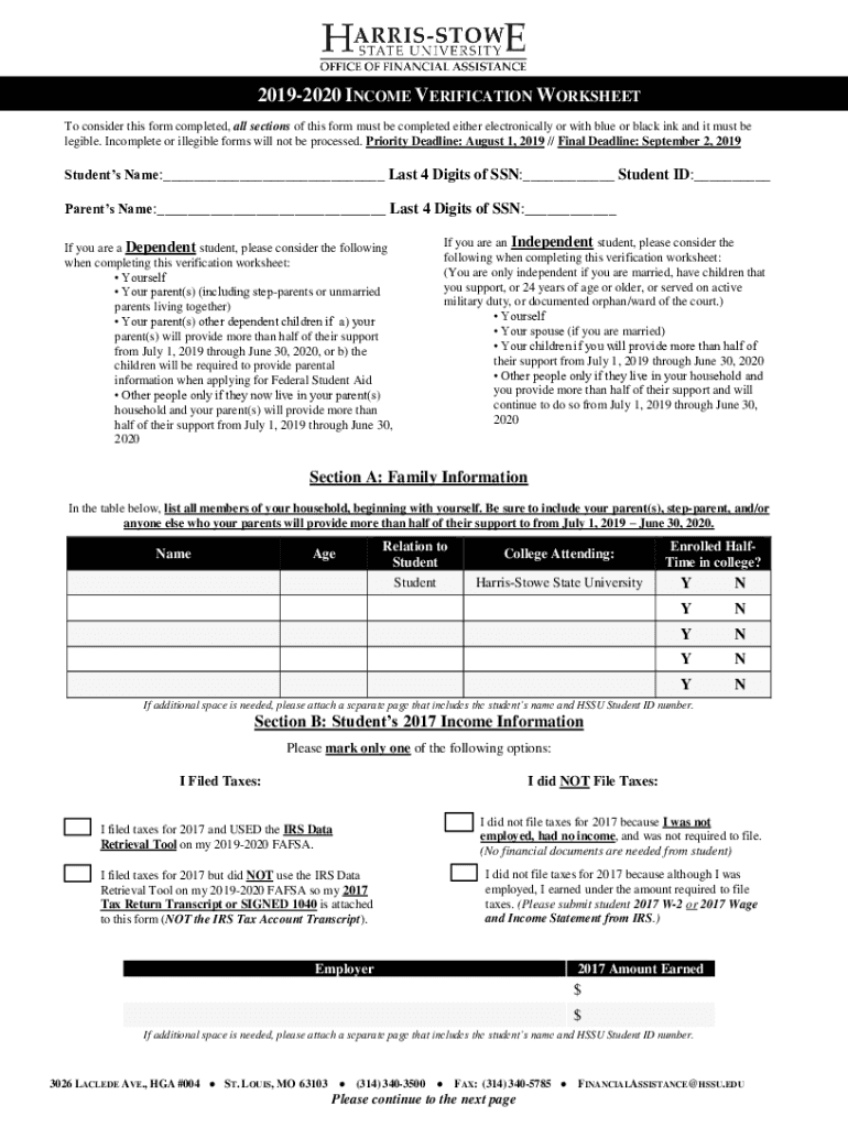 Fillable Online 2019-2020 Verification Worksheet-V1 - Elizabethtown College Fax Email Print ...