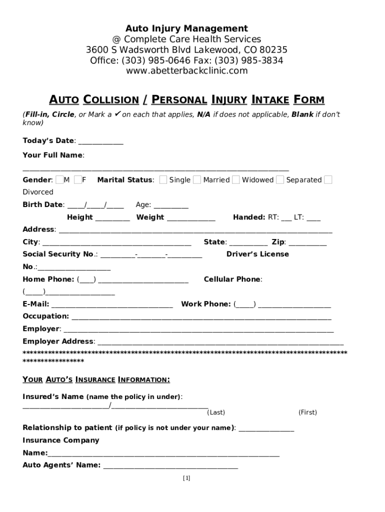 auto collision / personal injury intake - A Better Back Clinic Doc ...