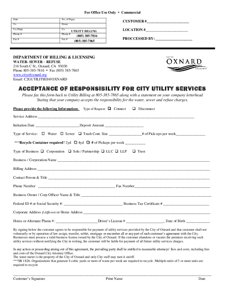 Fillable Online acceptance of responsibility for city utility services ...
