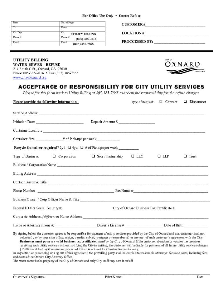 Fillable Online Acceptance of Responsibility - Comm Refuse Account Fax ...