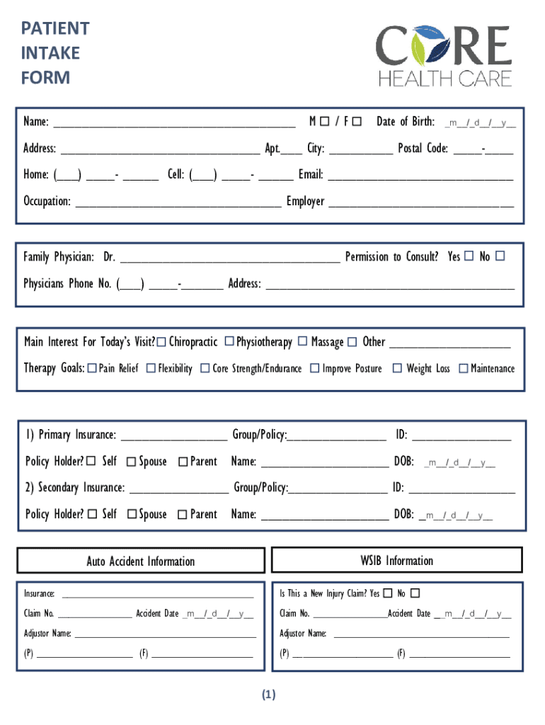 Fillable Online Physical Therapy and Occupational Therapy Intake Forms ...