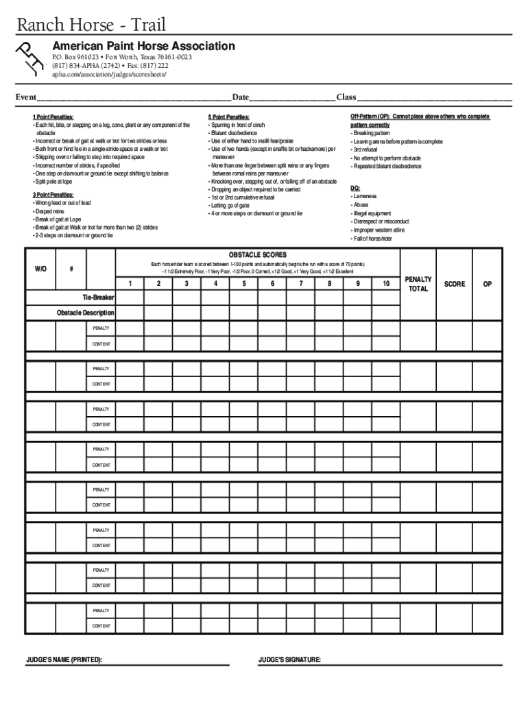 Fillable Online Ranch Riding Score Sheet - American Paint Horse ...