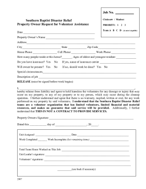 Fillable Online Southern Baptist Disaster Relief Property Owner Request ...
