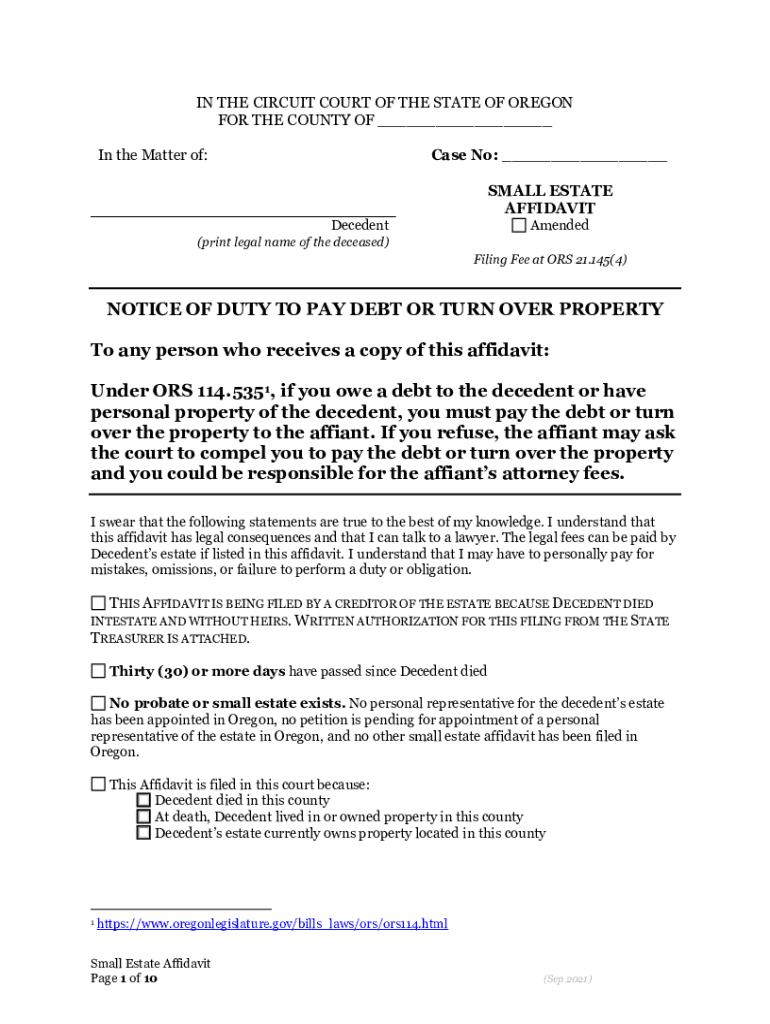 Fillable Online Affidavit For Collection of Small Estate By ...