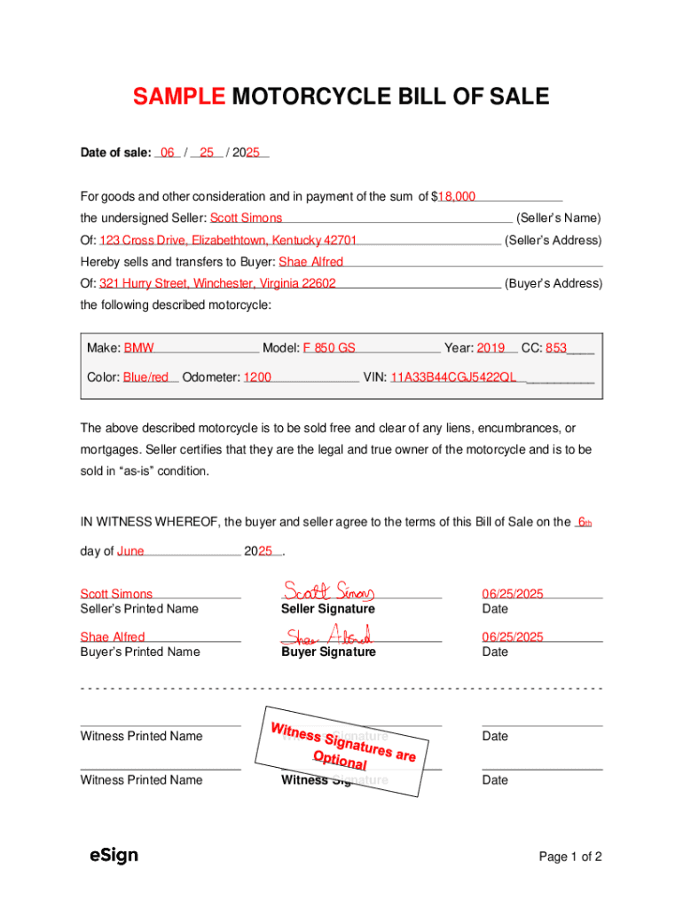 Fillable Online SAMPLE Motorcycle Bill of Sale Fax Email Print - pdfFiller