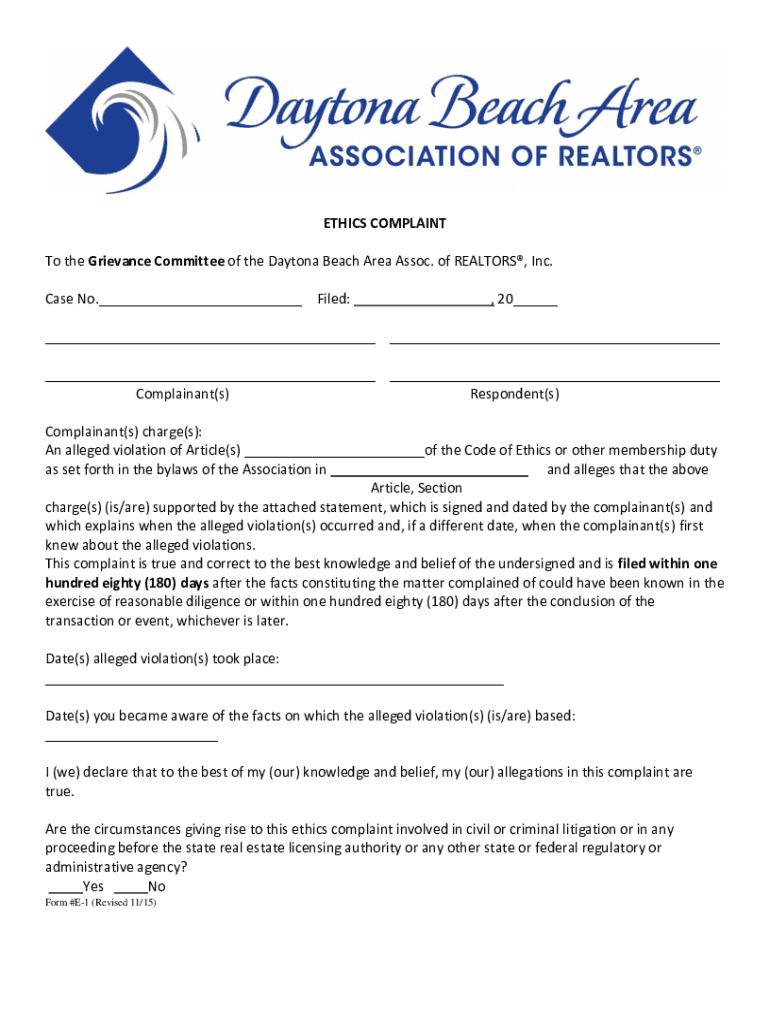 Fillable Online File an Ethics Complaint - Tallahassee Board of REALTORS Fax Email Print - pdfFiller