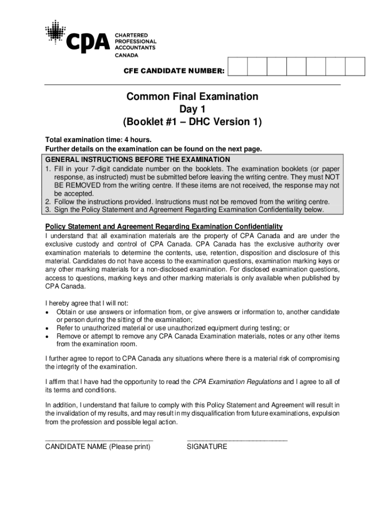 Fillable Online Common Final Examination Day 1 Booklet #1 - DHC Version 1. Common Final ...