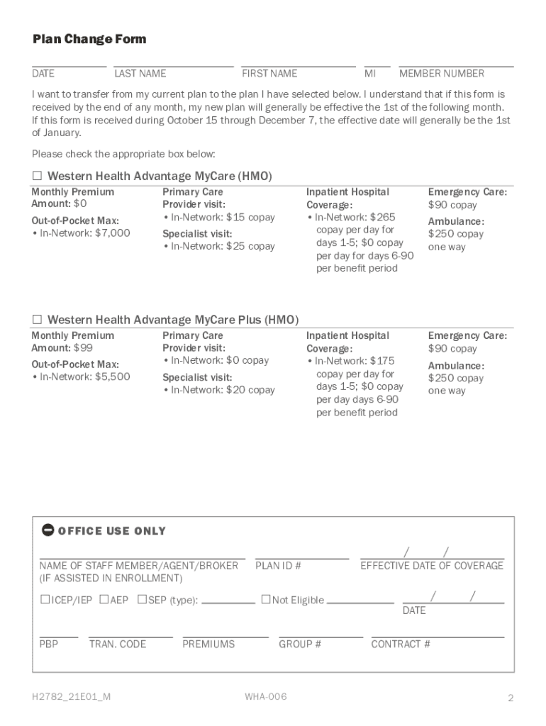 Fillable Online 2021 Western Health Advantage Plan Change Form. 2021 ...