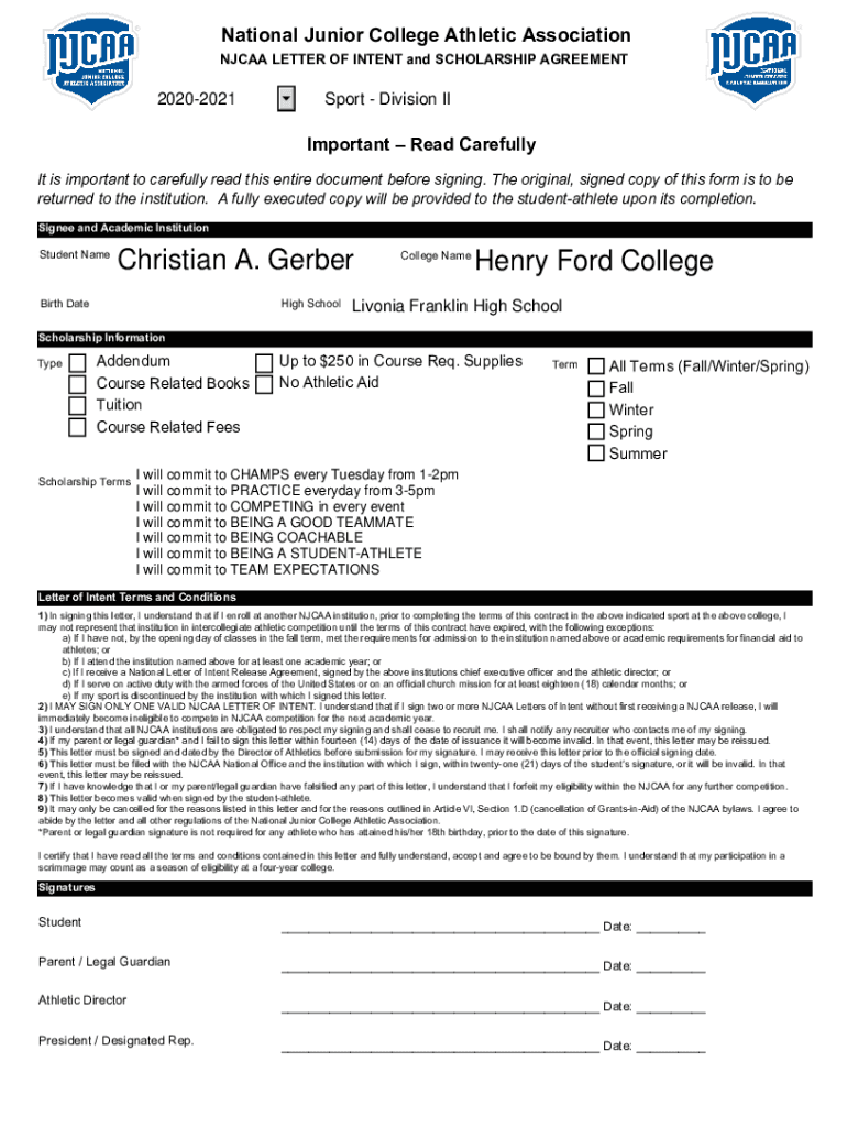 Fillable Online NJCAA Letters of Intent Fax Email Print - pdfFiller