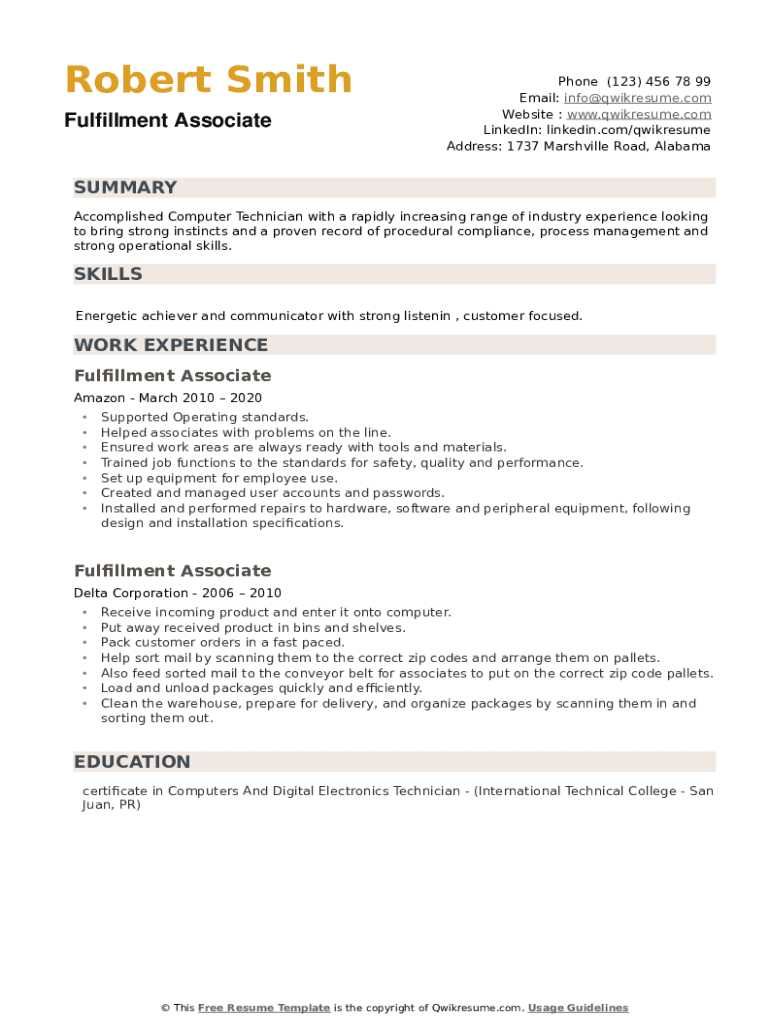 Fillable Online Fulfillment Associate Resume Samples - QwikResume.com ...