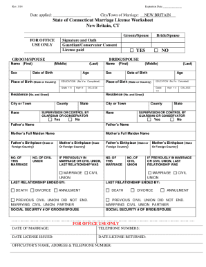 Fillable Online State of Connecticut Marriage License Worksheet New ...