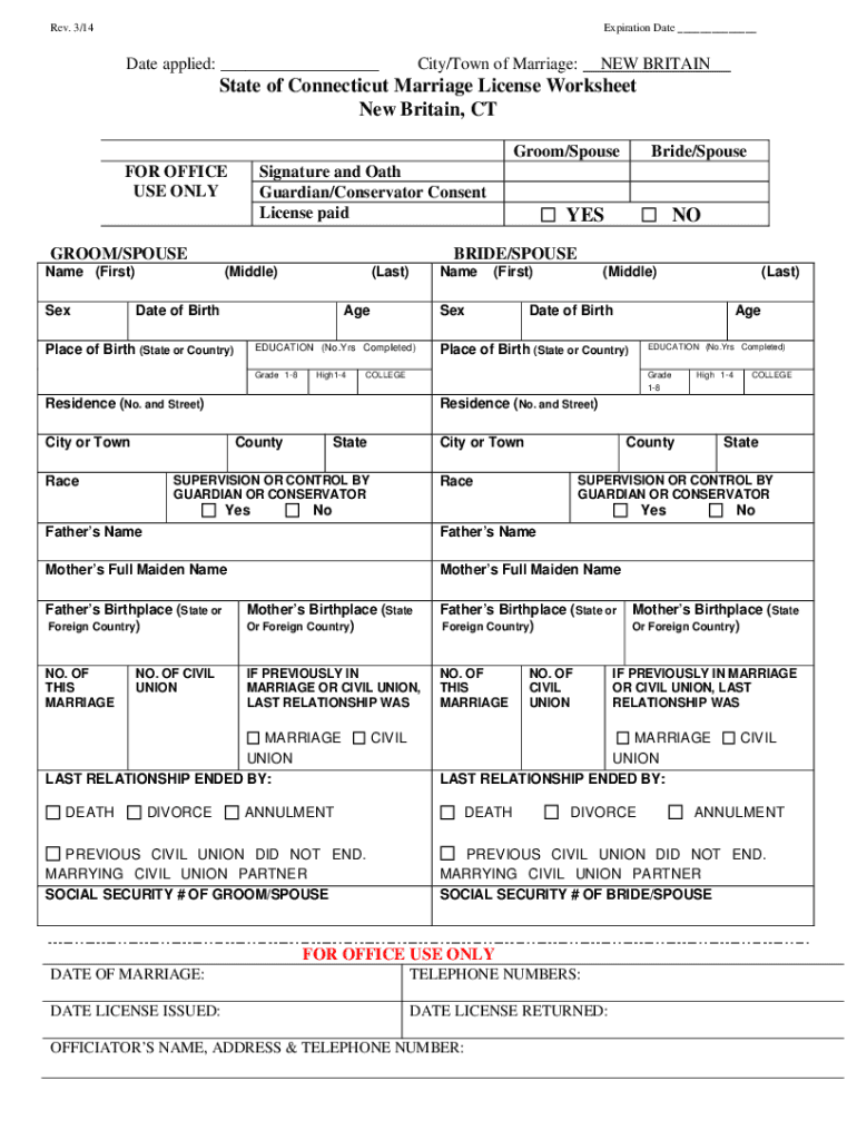 Fillable Online State of Connecticut Marriage License Worksheet New ...
