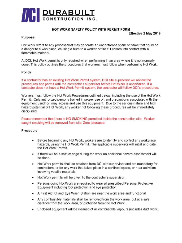 Fillable Online Hot Work Safety Policy with Permit Form Fax Email Print ...