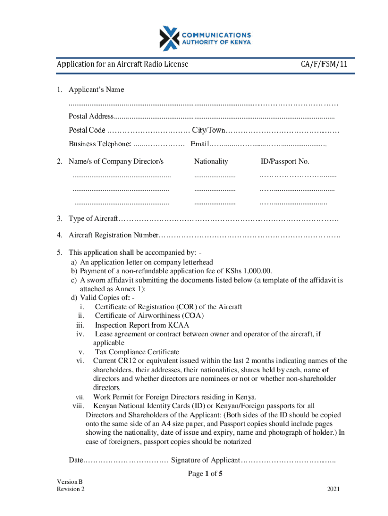 Fillable Online Application for an Aircraft Radio License CA/F/FSM/11 ...