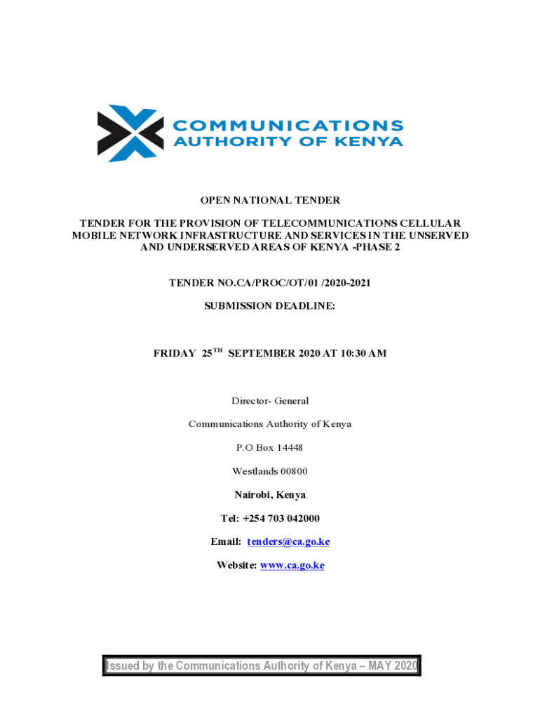 Fillable Online TENDER FOR THE PROVISION OF TELECOMMUNICATIONS CELLULAR ...