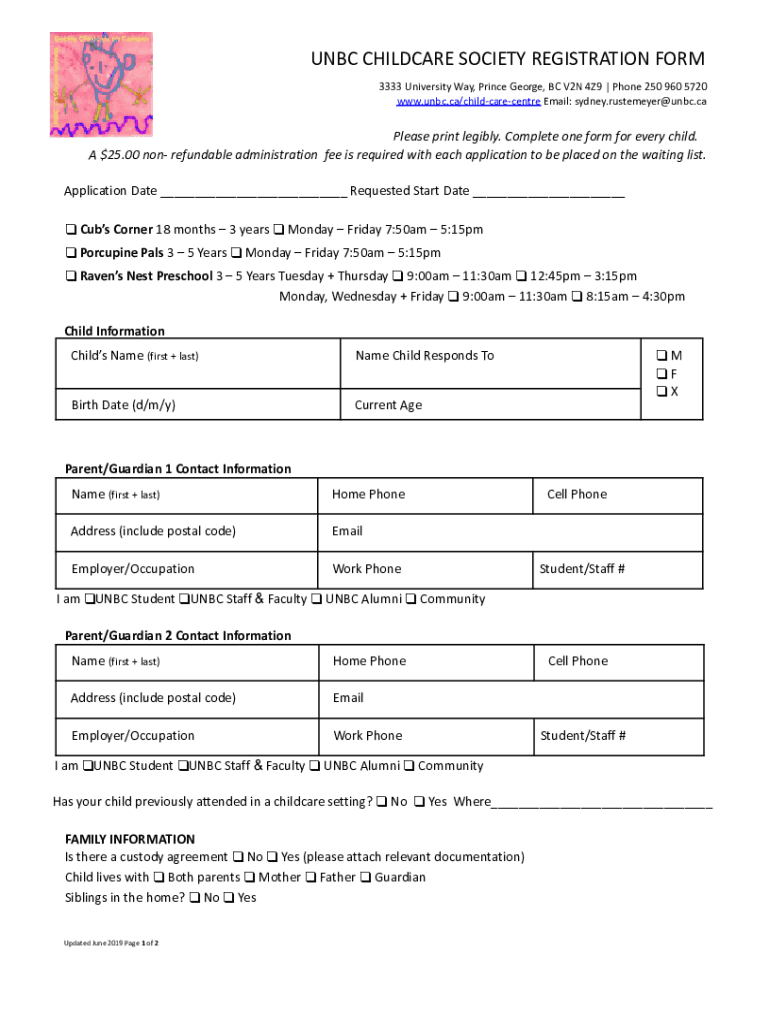 Fillable Online unbc childcare society registration form Fax Email Print - pdfFiller