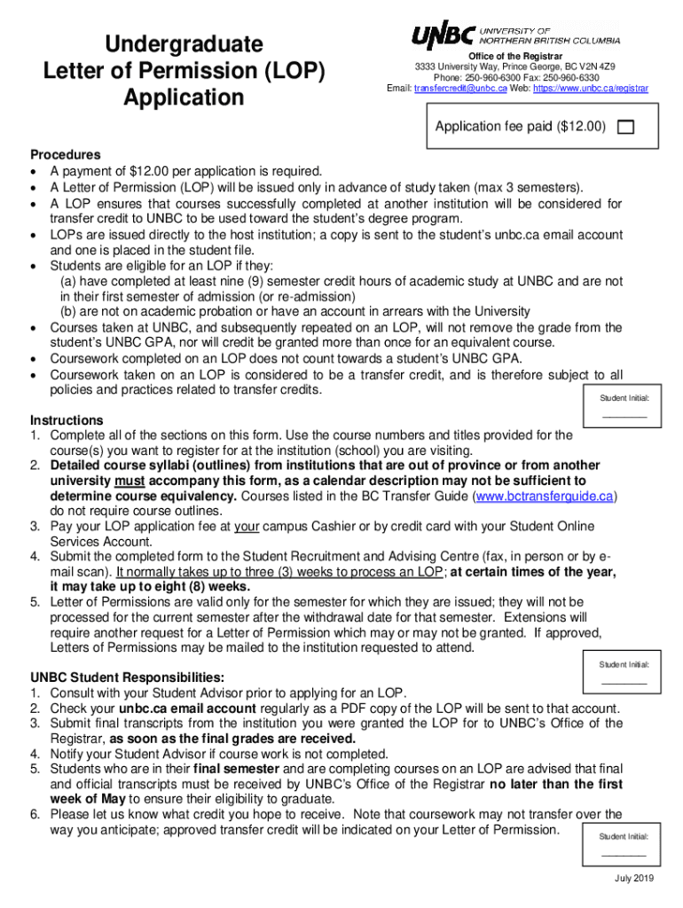 Fillable Online Undergraduate Letter of Permission (LOP) Application ...