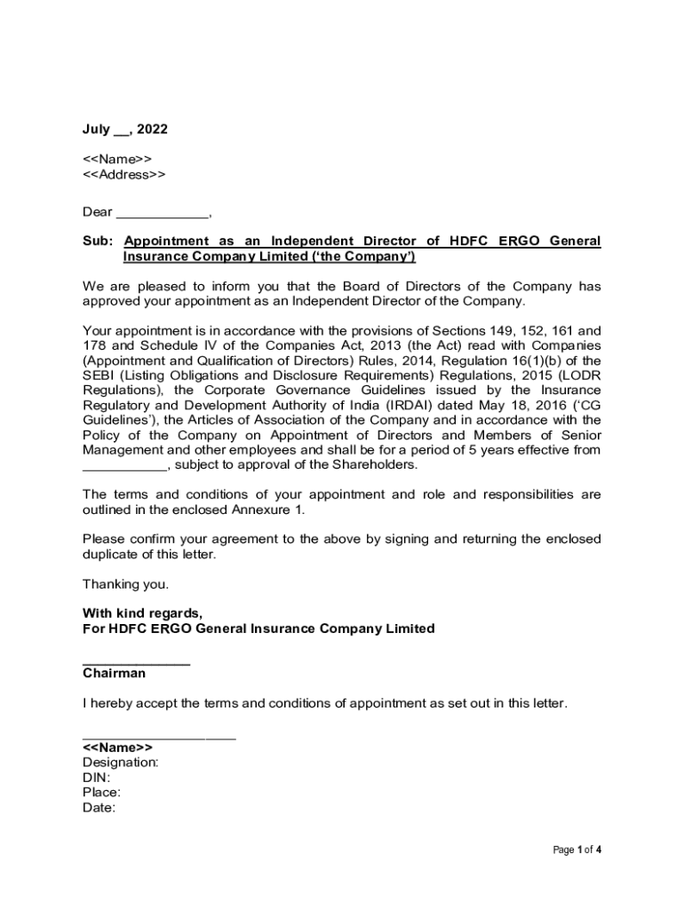 Fillable Online Appointment as an Independent Director of HD - HDFC ...