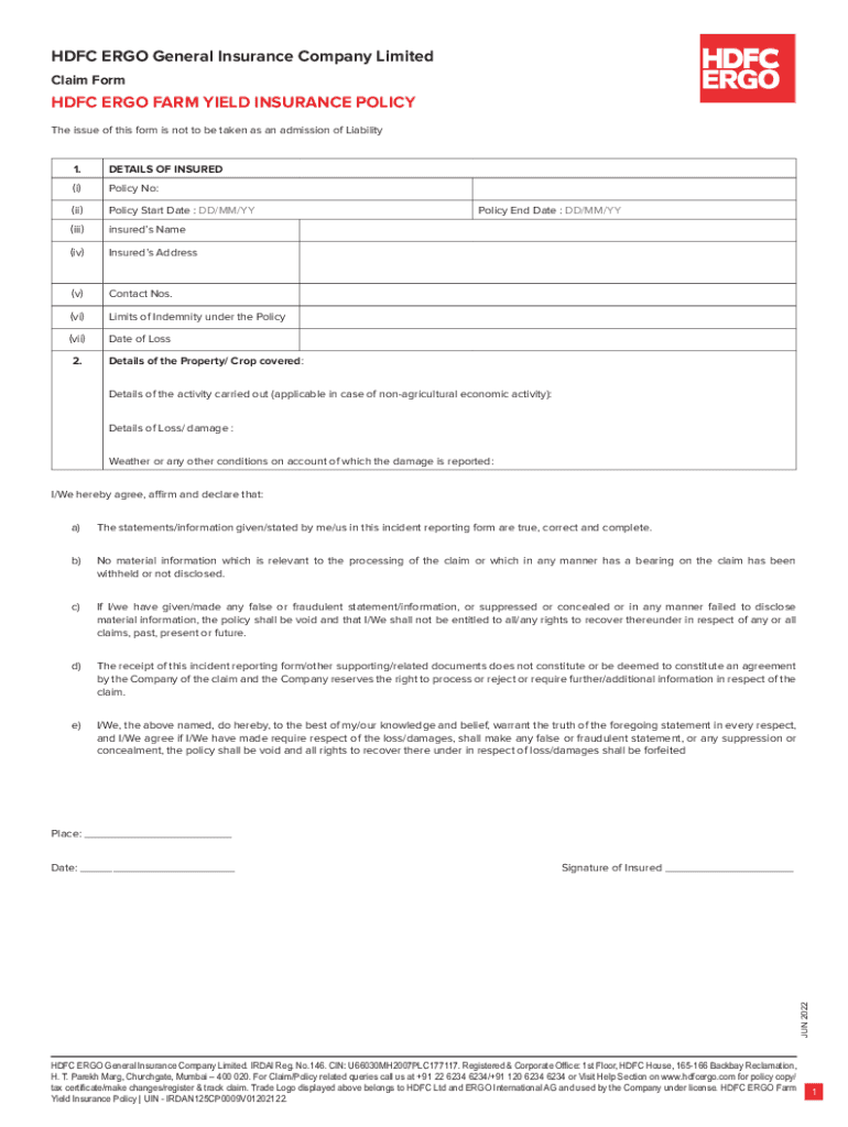 Fillable Online Claim Form - HDFC ERGO FARM YIELD INSURANCE POLICY Fax ...