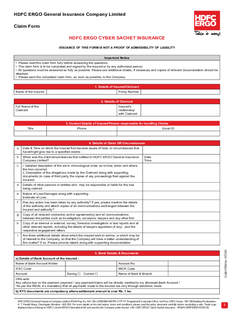 Fillable Online Claim Form - HDFC Ergo Fax Email Print - pdfFiller