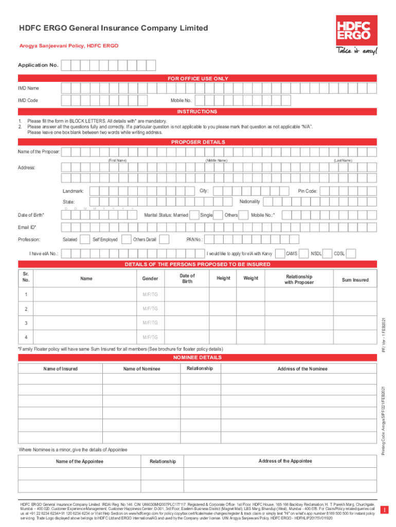 Fillable Online Arogya Sanjeevani Policy, HDFC ERGO (Group)- Claim Form ...