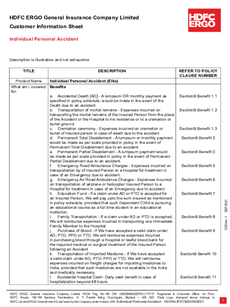 Fillable Online individual personal accident - claim form - HDFC ERGO ...
