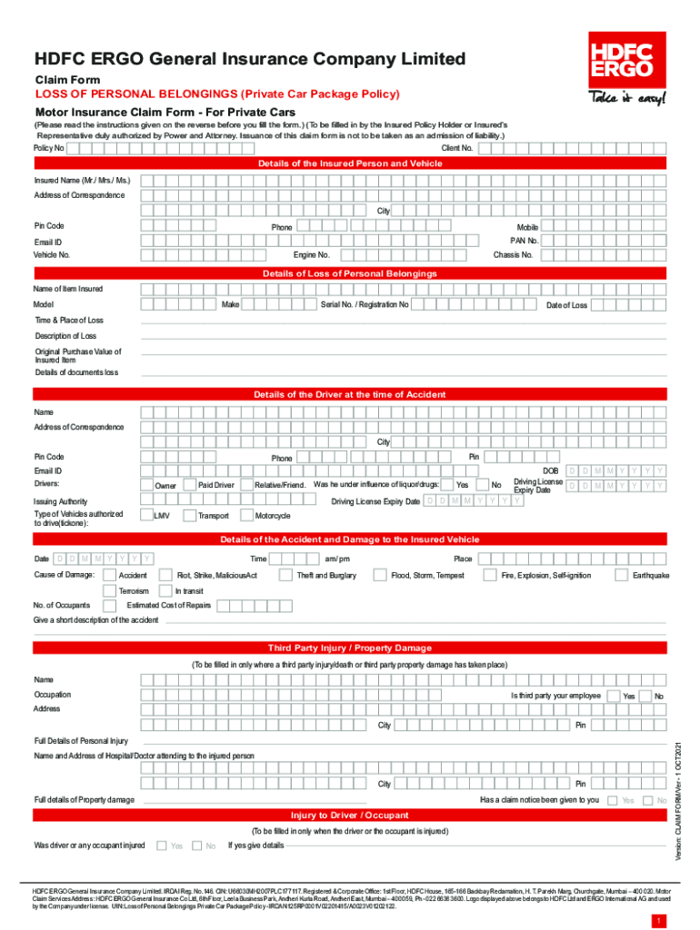 Fillable Online Claim Form - Private Car Package Policy.cdr - HDFC Ergo ...
