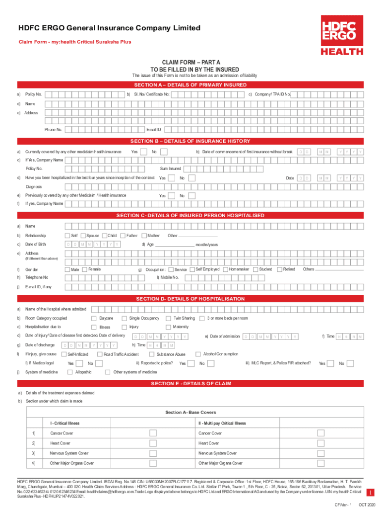 Fillable Online Claim Form - my:health Critical Suraksha PlusHDFC Ergo ...