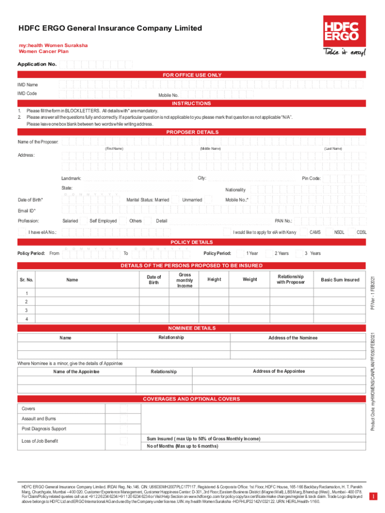 Fillable Online PF Cancer Plan -my health Women Suraksha - HDFC Ergo ...