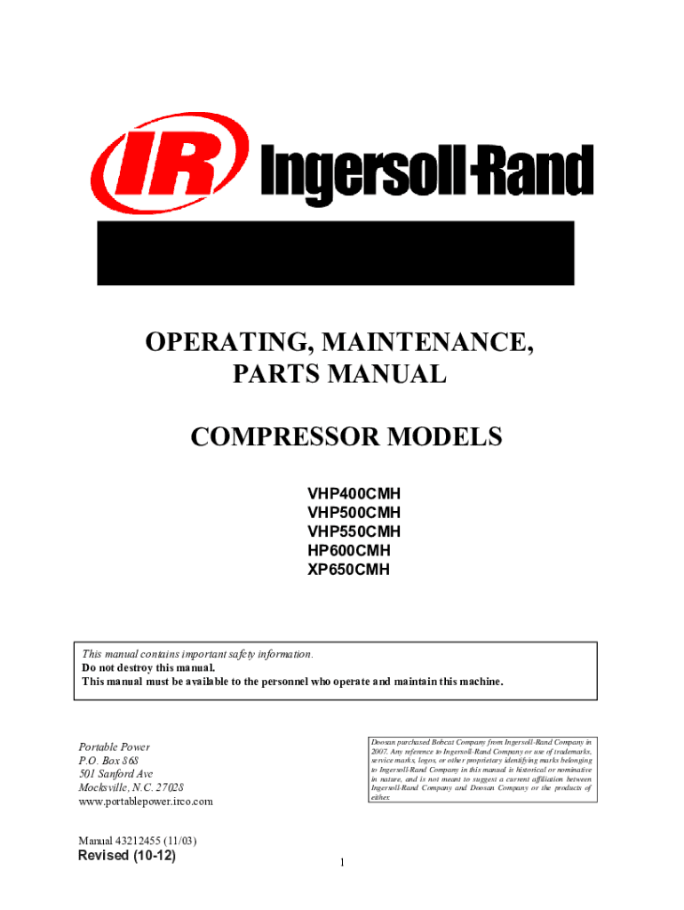 Fillable Online operating, maintenance, parts manual compressor models Fax Email Print - pdfFiller