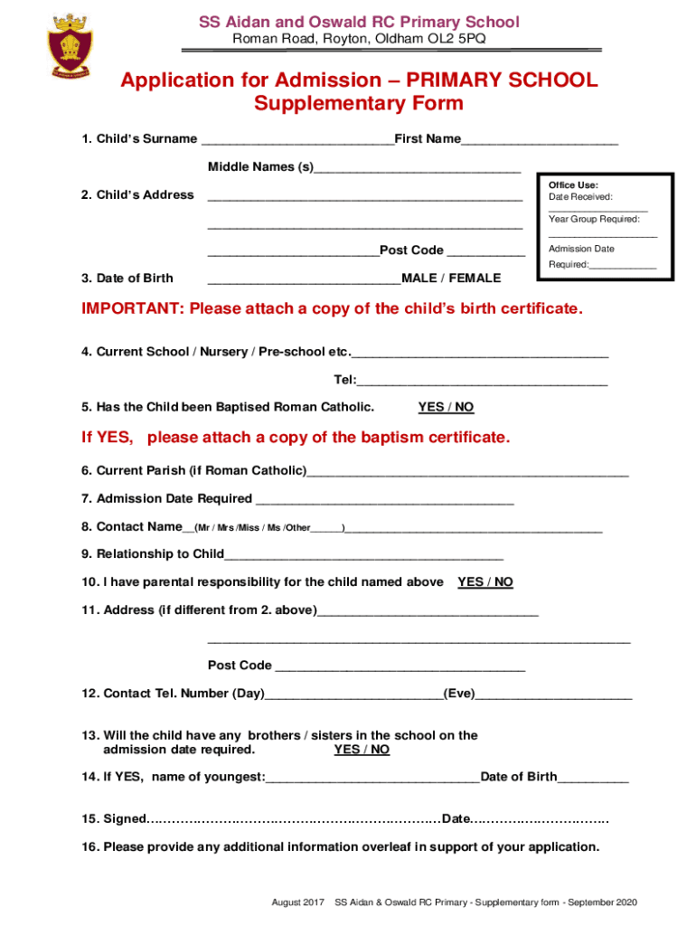 Fillable Online SS Aidan & Oswald RC Primary - Supplementary form Fax Email Print - pdfFiller