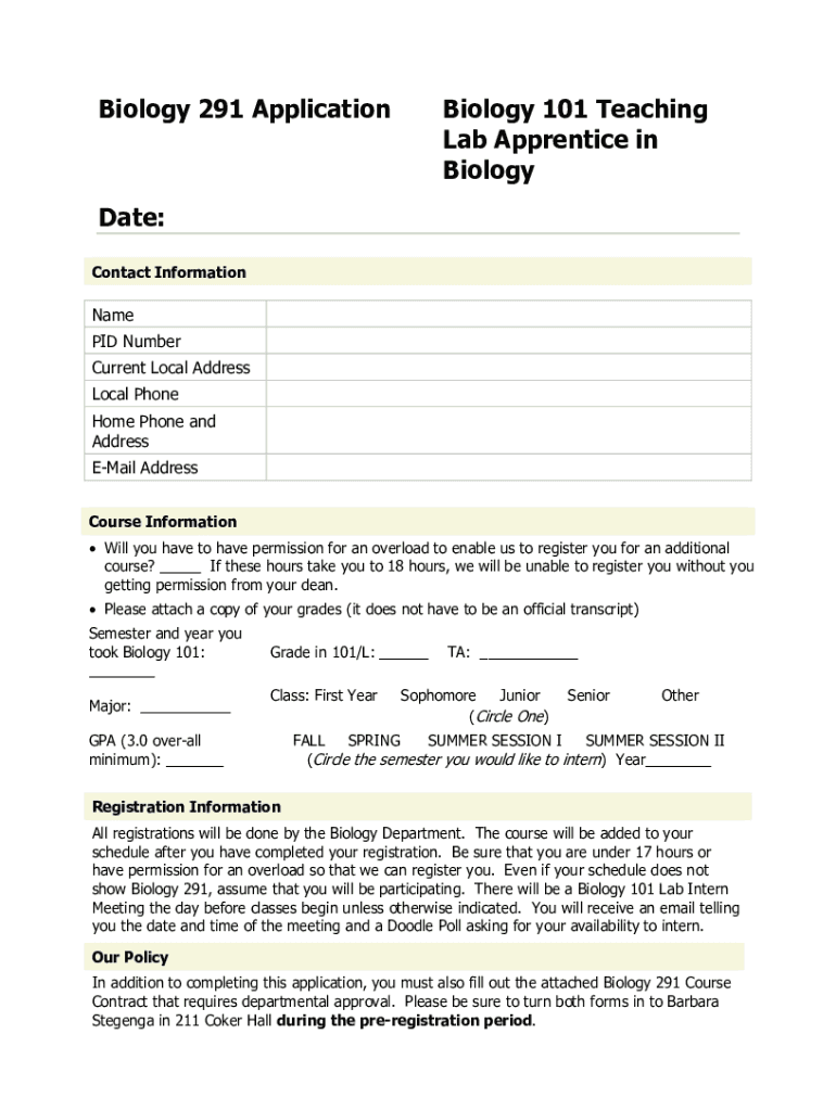 Fillable Online Biology 291 Application Biology 101 Teaching Lab Apprentice ... Fax Email Print ...