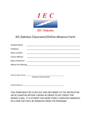 Fillable Online IEC Dakotas Classroom/Online Absence Form Fax Email ...