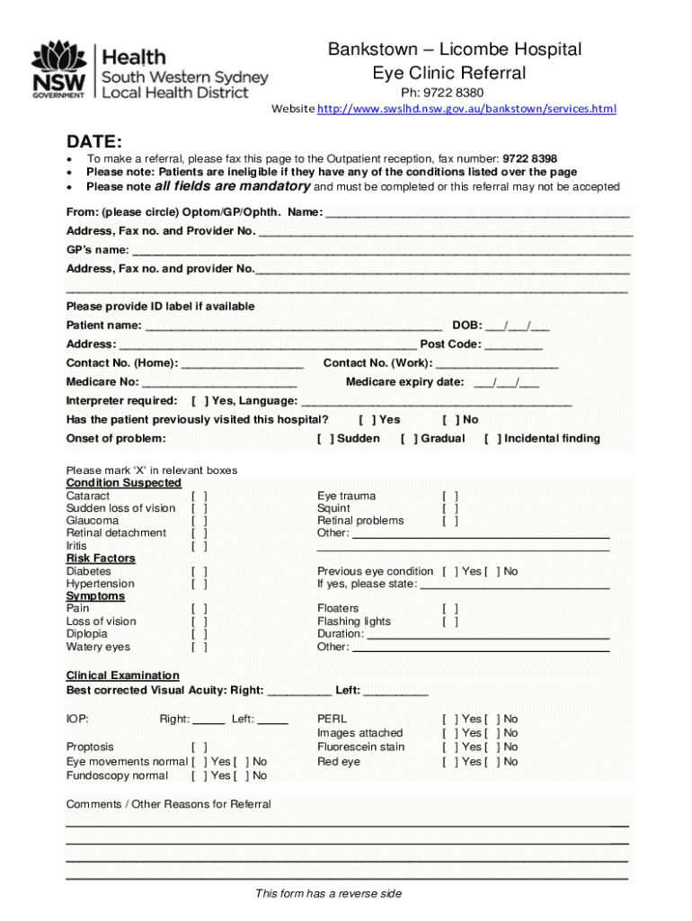 Fillable Online BankstownLicombe hospital eye clinic referral template Fax Email Print - pdfFiller