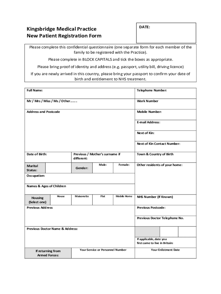 Fillable Online Kingsbridge Medical Practice New Patient Registration ...