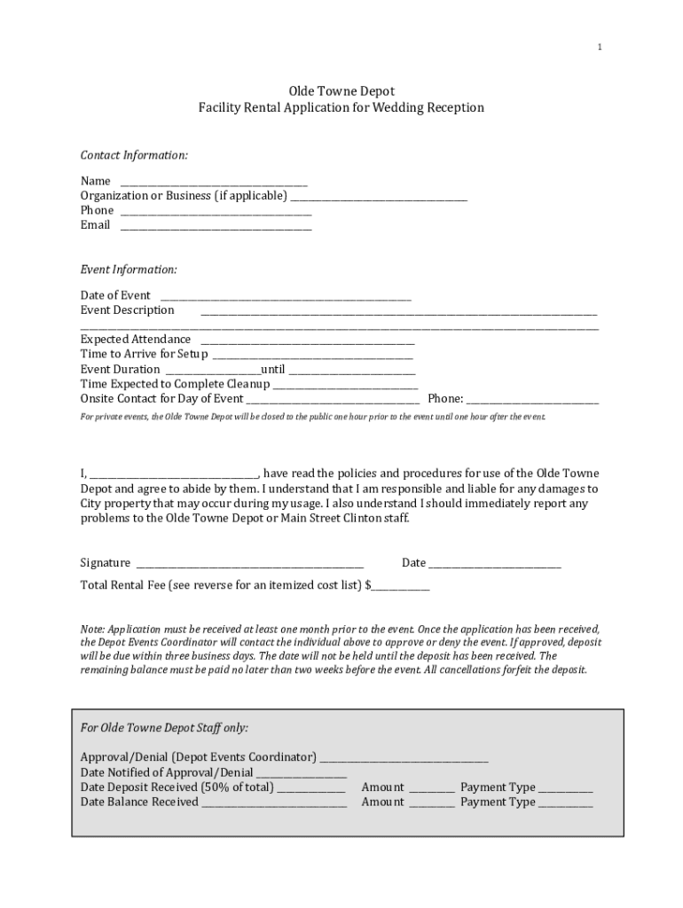 Fillable Online Olde Towne Depot Facility Rental Application for Wedding ... Fax Email Print ...