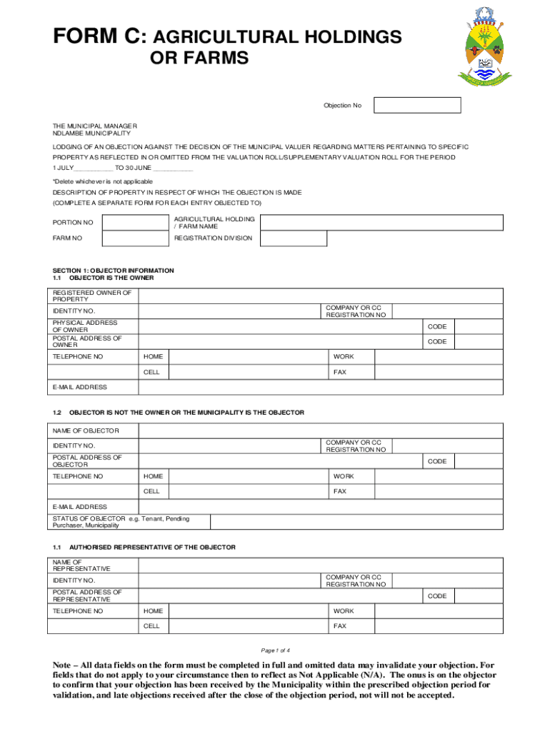 Fillable Online ndlambe gov FORM C: AGRICULTURAL HOLDINGS OR FARMS ...