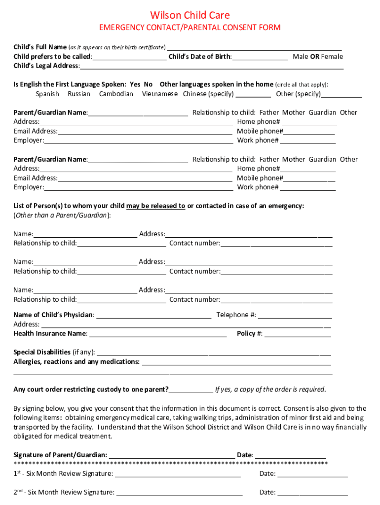 Fillable Online Emergency contact form-BH - Wilson School District Fax ...