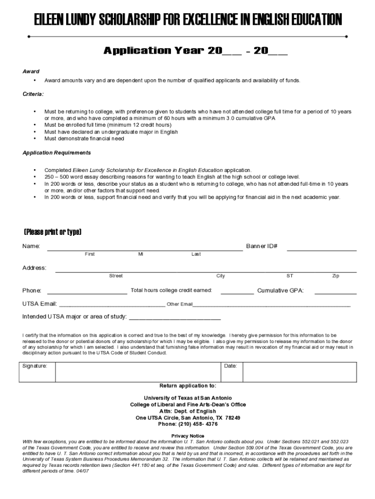 Fillable Online ScholarshipsThe Department of English at UTSA Fax Email Print - pdfFiller