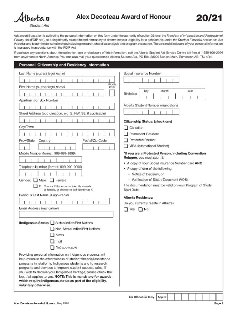Fillable Online Alex Decoteau Award of Honour - Forms Fax Email Print ...