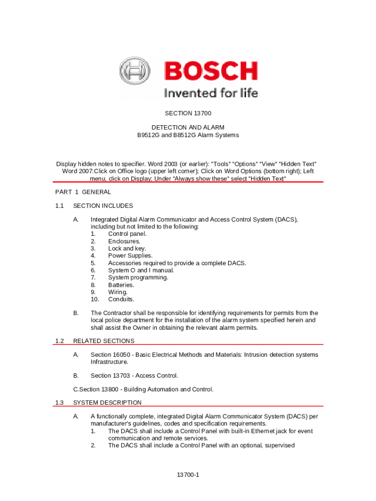 Section 13700 - Detection and Alarm Doc Template | pdfFiller