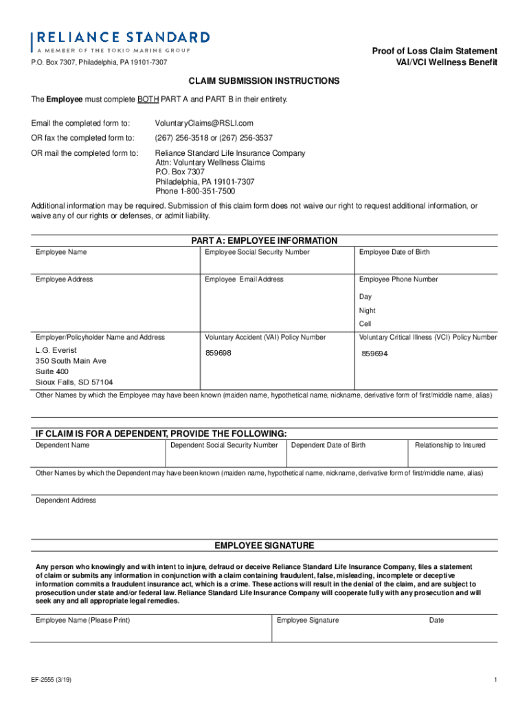 Fillable Online Proof of Loss Claim Statement VAI/VCI Wellness Benefit ...