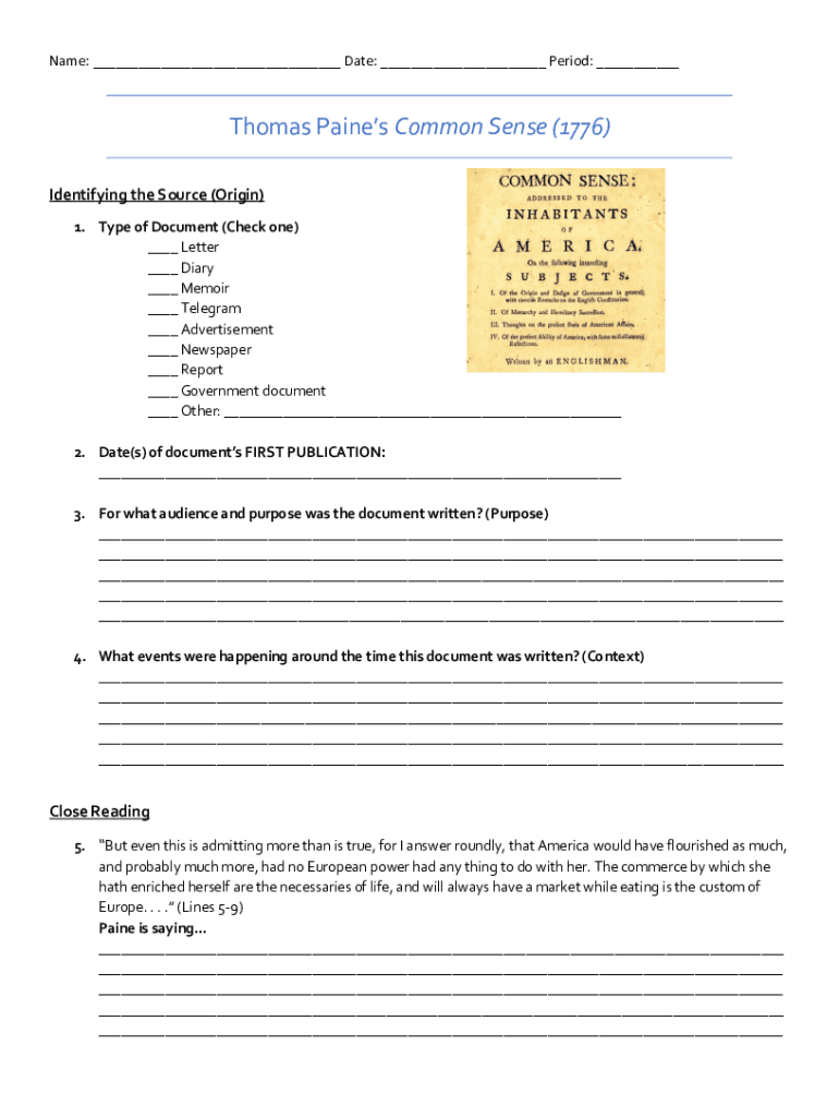 Fillable Online Thomas Paine's pamphlet, Common Sense, was significant ...