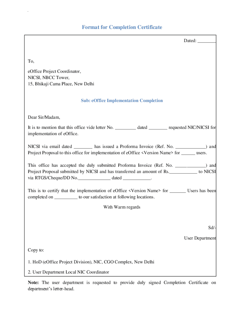 Fillable Online Format for Completion Certificate Fax Email Print ...
